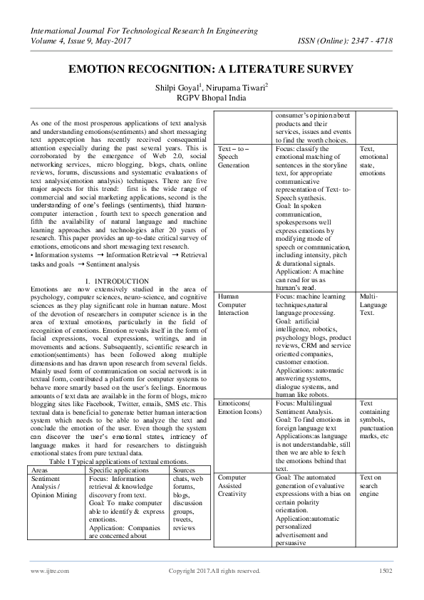 Pdf Emotion Recognition A Literature Survey Shilpi Goyal