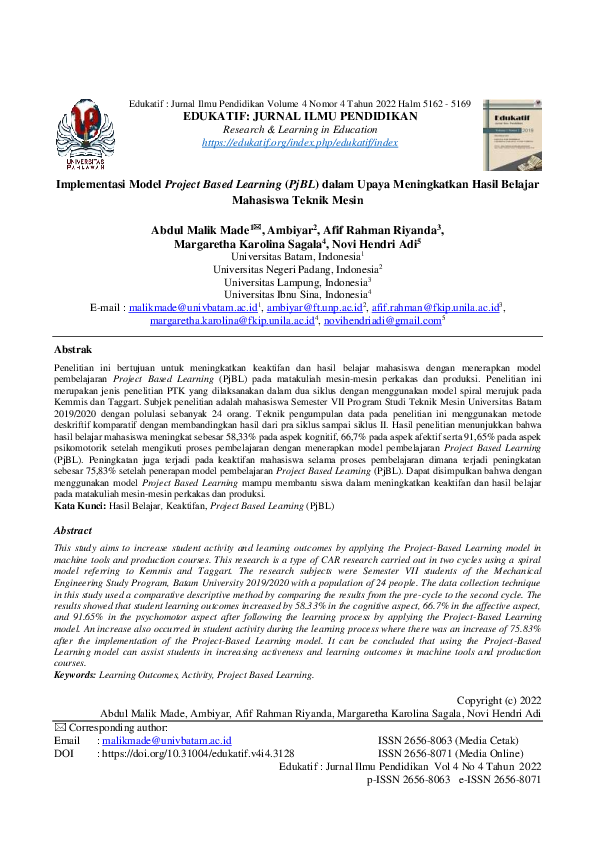 (PDF) Implementasi Model Project Based Learning (PjBL) dalam Upaya Meningkatkan Hasil Belajar ...