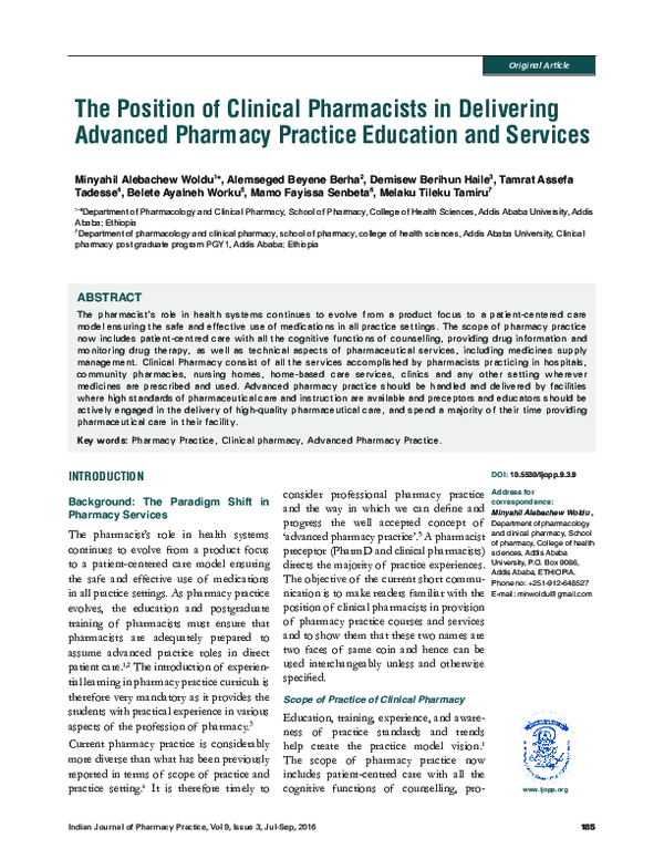 (PDF) The Position of Clinical Pharmacists in Delivering Advanced ...