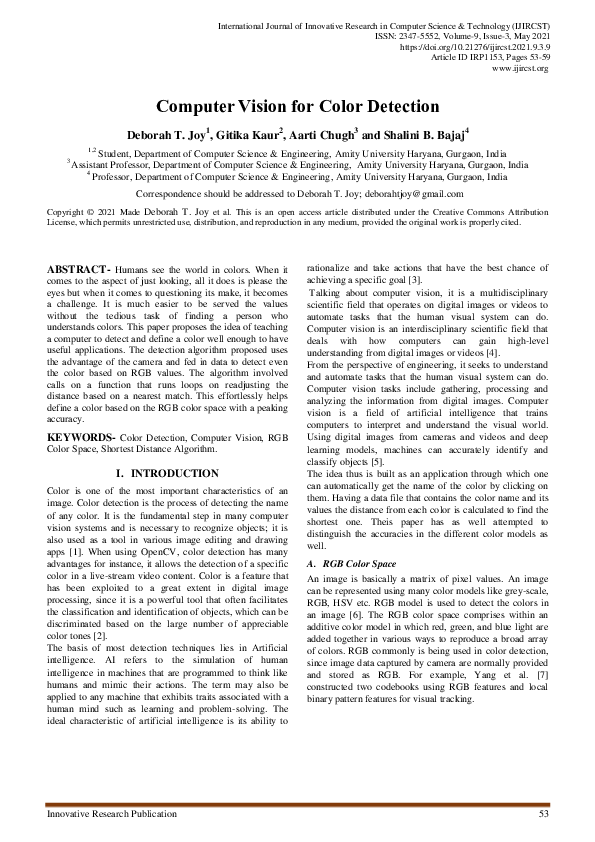 (PDF) Computer Vision for Color Detection