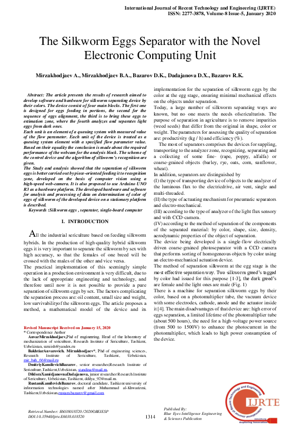 (PDF) The Silkworm Eggs Separator with the Novel Electronic Computing Unit