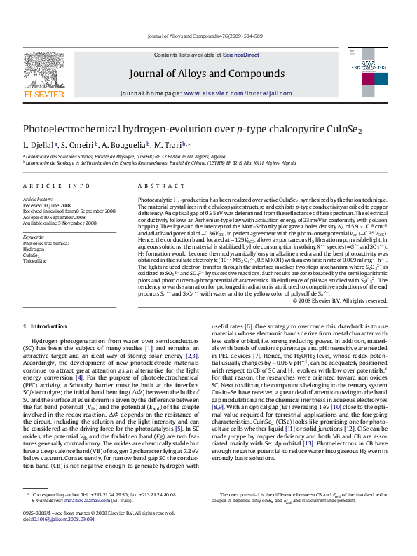 (PDF) Photoelectrochemical hydrogen-evolution over p-type chalcopyrite CuInSe2 | sandhya saini ...