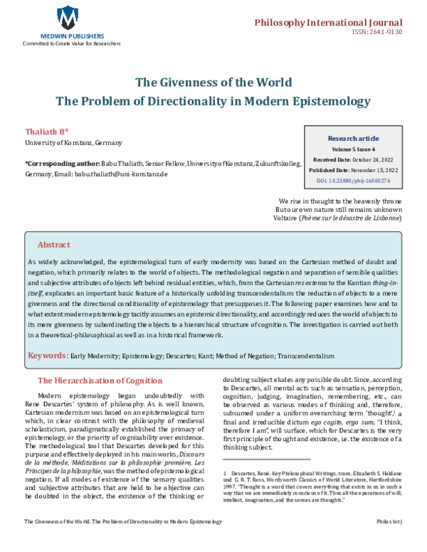 (PDF) The Givenness of the World. The Problem of Directionality in ...