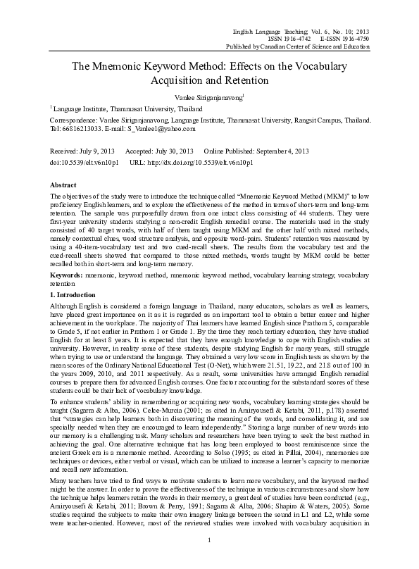 (PDF) The Mnemonic Keyword Method: Effects on the Vocabulary Acquisition and Retention