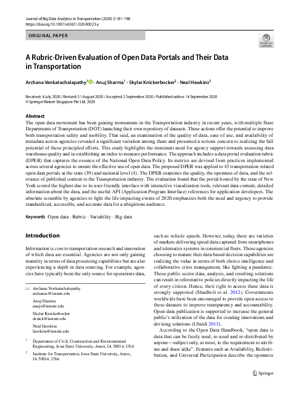 (PDF) A Rubric-Driven Evaluation of Open Data Portals and Their Data in Transportation