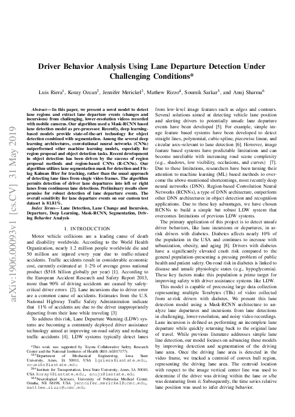 (PDF) Driver Behavior Analysis Using Lane Departure Detection Under Challenging Conditions