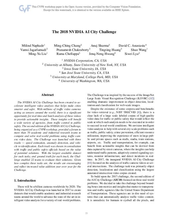 (PDF) The 2018 NVIDIA AI City Challenge