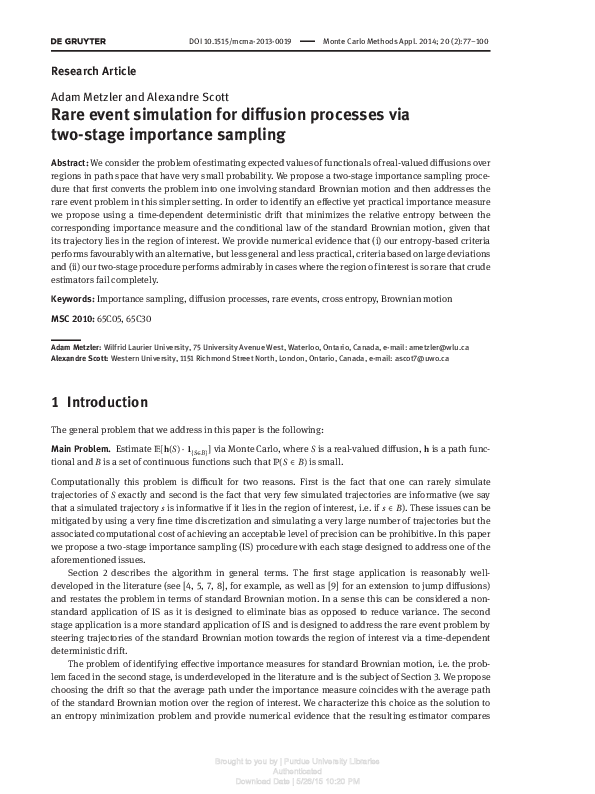 Pdf Rare Event Simulation For Diffusion Processes Via Two Stage Importance Sampling