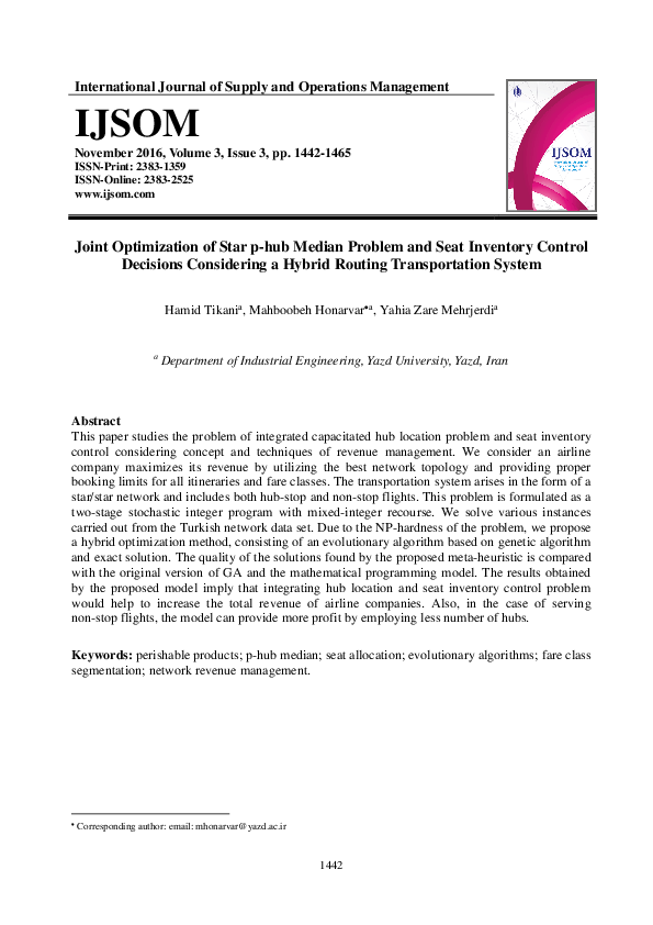 Pdf Joint Optimization Of Star P Hub Median Problem And Seat Inventory Control Decisions