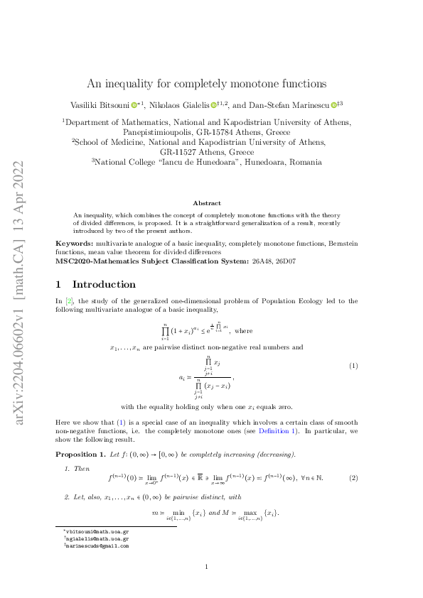 (PDF) An inequality for completely monotone functions