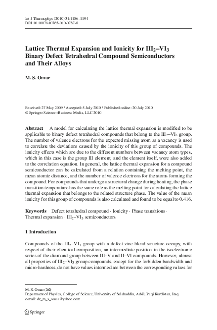 (PDF) Lattice Thermal Expansion and Ionicity for III2–VI3 Binary Defect ...