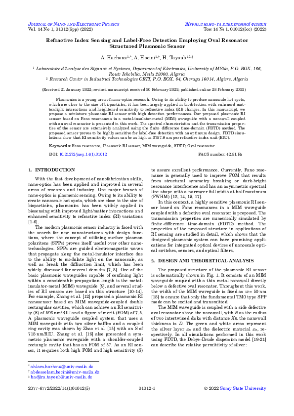 (PDF) Refractive Index Sensing and Label-Free Detection Employing Oval ...