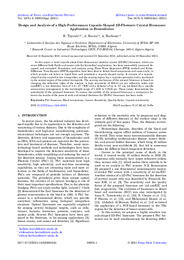 (PDF) Design and Analysis of a High-Performance Capsule-Shaped 2D-Photonic Crystal Biosensor ...
