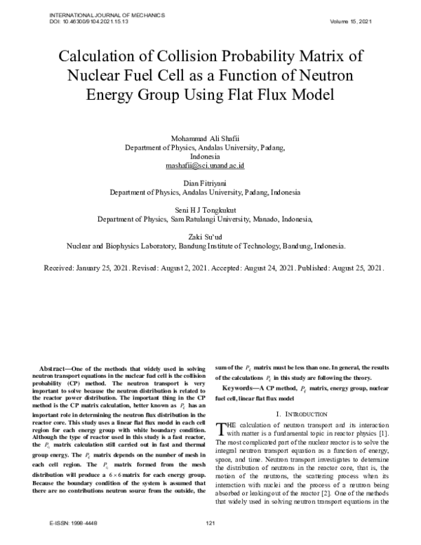 (PDF) Calculation of Collision Probability Matrix of Nuclear Fuel Cell as a Function of Neutron ...