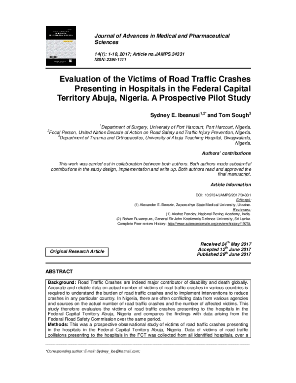 (PDF) Evaluation of the Victims of Road Traffic Crashes Presenting in Hospitals in the Federal ...