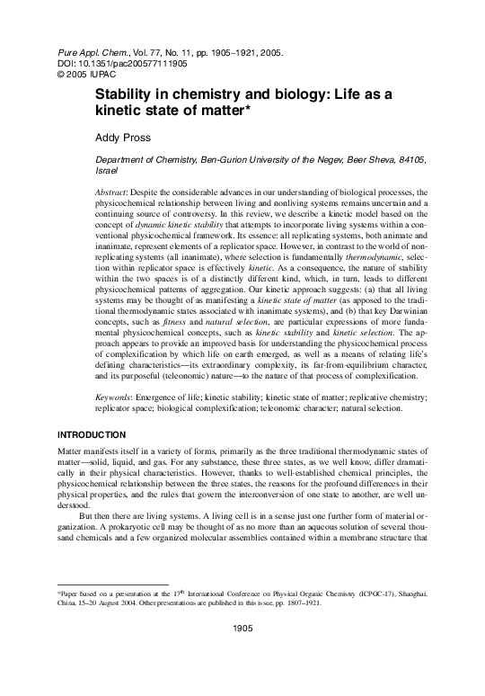 (PDF) Stability in chemistry and biology: Life as a kinetic state of matter