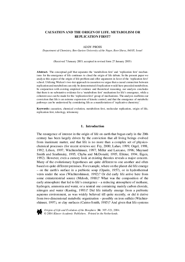 (PDF) Causation and the Origin of Life. Metabolism or Replication First?