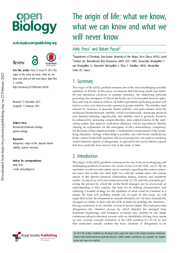 (PDF) The origin of life: what we know, what we can know and what we ...