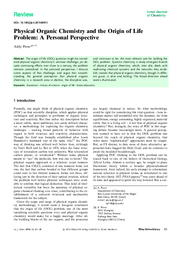 (PDF) Physical Organic Chemistry and the Origin of Life Problem: A ...