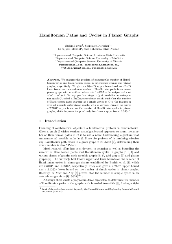 (PDF) Hamiltonian Paths and Cycles in Planar Graphs