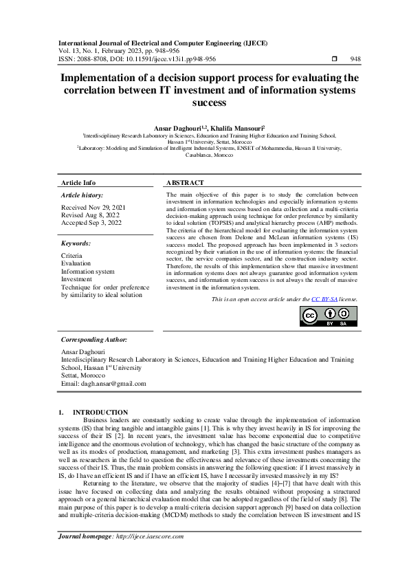 Pdf Implementation Of A Decision Support Process For Evaluating The Correlation Between It