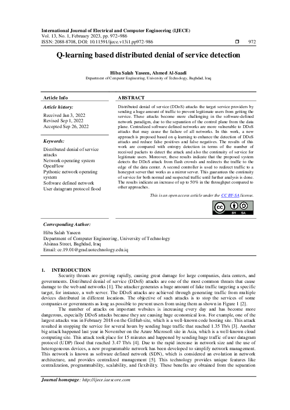 Pdf Q Learning Based Distributed Denial Of Service Detection 5279