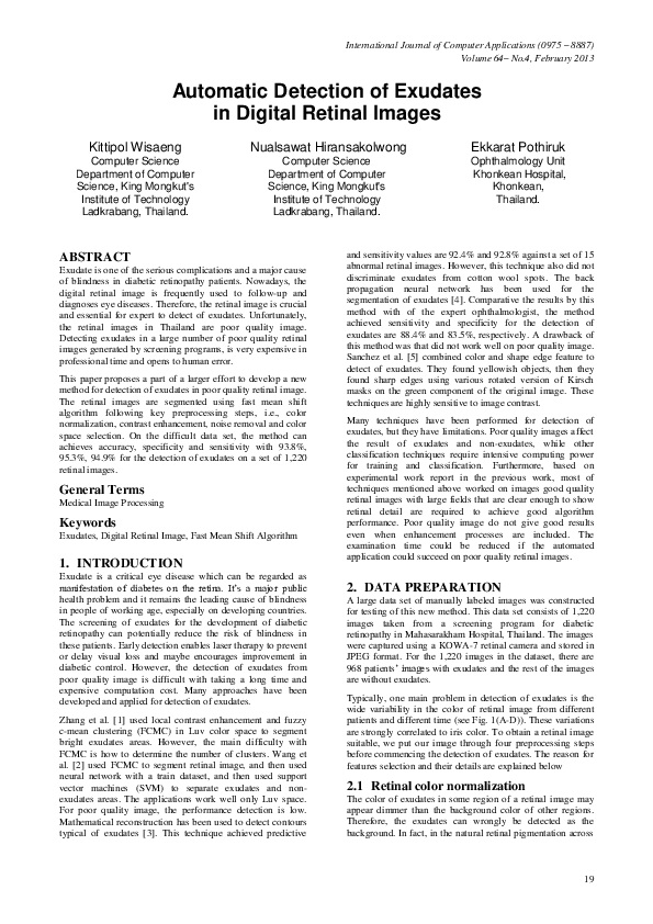 Pdf Automatic Detection Of Exudates In Digital Retinal Images Dr Kittipol Wisaeng