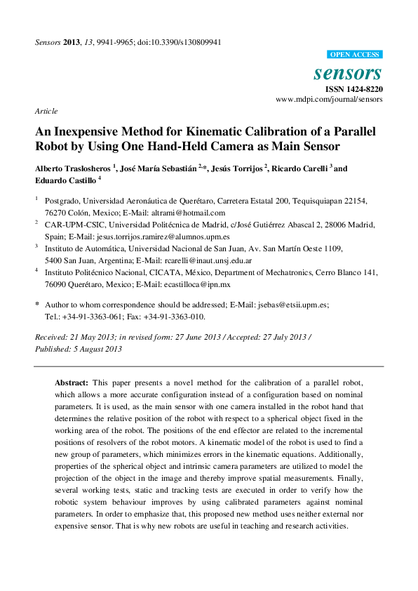 (PDF) An Inexpensive Method for Kinematic Calibration of a Parallel Robot by Using One Hand-Held ...