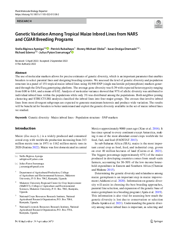 (PDF) Genetic Variation Among Tropical Maize Inbred Lines from NARS and CGIAR Breeding Programs