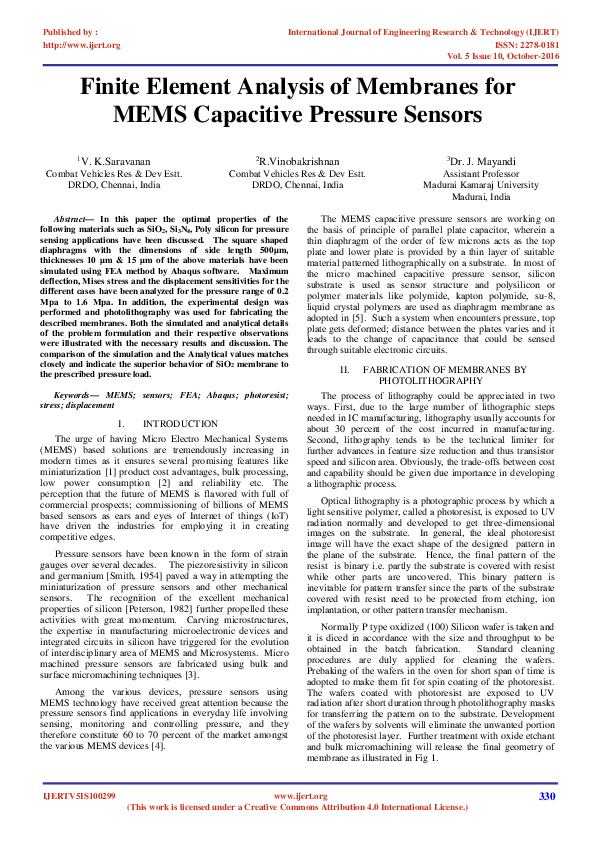 (PDF) Finite Element Analysis of Membranes for MEMS Capacitive Pressure Sensors