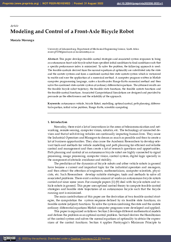 (PDF) Modeling and Control of a Front-Axle Bicycle Robot