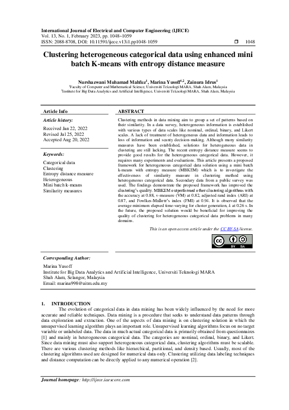 Pdf Clustering Heterogeneous Categorical Data Using Enhanced Mini Batch K Means With Entropy