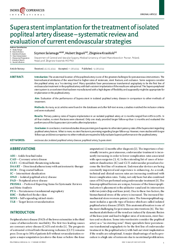 (PDF) Supera stent implantation for the treatment of isolated popliteal ...