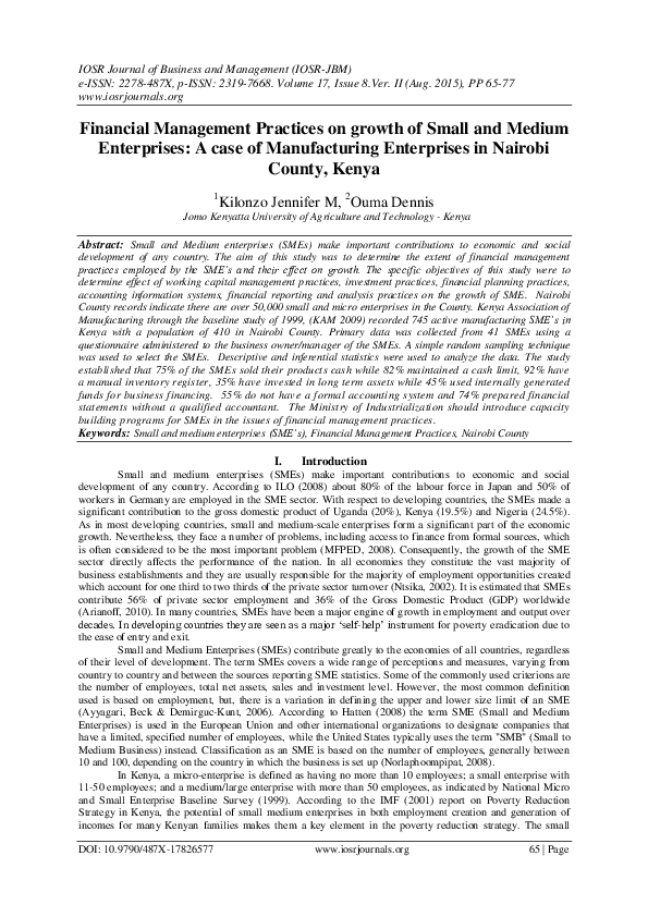 (PDF) Financial Management Practices on growth of Small and Medium Enterprises: A case of ...