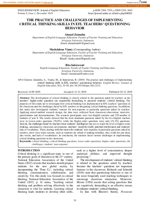 (PDF) The Practice and Challenges of Implementing Critical Thinking Skills in Efl Teachers ...