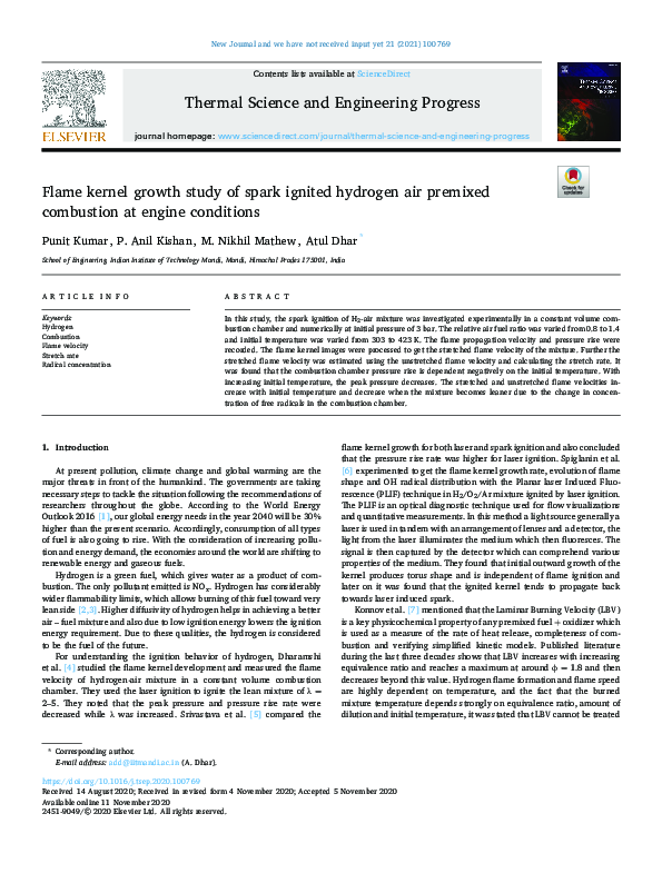 (PDF) Flame kernel growth study of spark ignited hydrogen air premixed ...