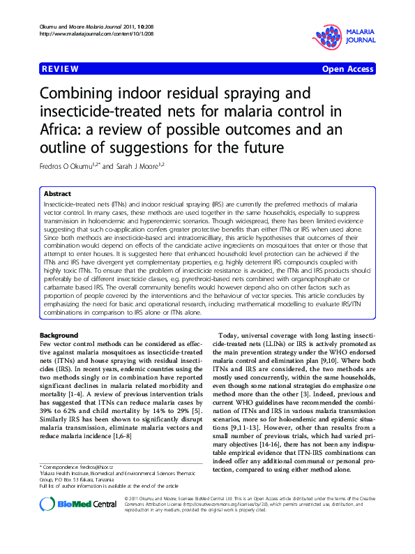 (PDF) Combining indoor residual spraying and insecticide-treated nets ...