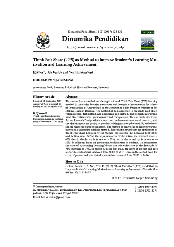 (PDF) Think Pair Share (TPS) as Method to Improve Student’s Learning ...