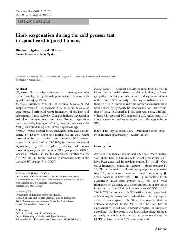 (PDF) Limb oxygenation during the cold pressor test in spinal cord ...