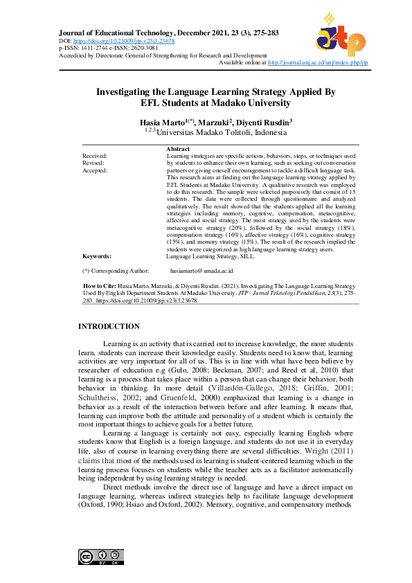 (PDF) Investigating The Language Learning Strategy Used By English Department Students At Madako ...