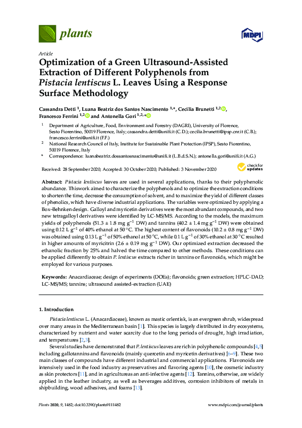 (PDF) Green Ultrasound-Assisted Extraction of Polyphenols from Pistacia lentiscus
