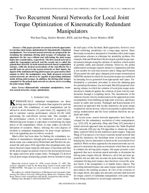 Pdf Two Recurrent Neural Networks For Local Joint Torque Optimization Of Kinematically