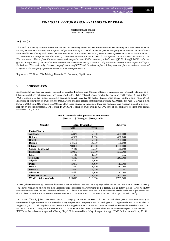 (PDF) Financial Performance Analysis of PT Timah
