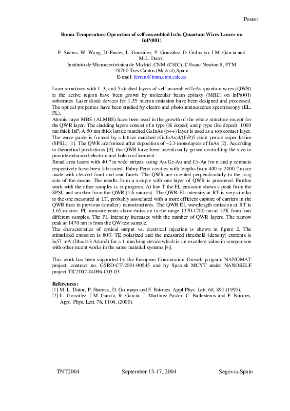 (PDF) Room-Temperature Operation of self-assembled InAs Quantum Wires Lasers on InP (001)