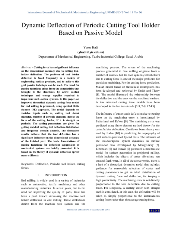 Pdf Dynamic Deflection Of Periodic Cutting Tool Holder Based On Passive Model Yaser Hadi