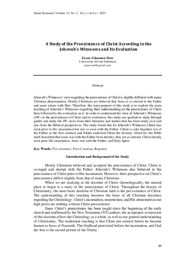 (PDF) Study of the Pre-existence of Christ According to the Jehovah’s ...