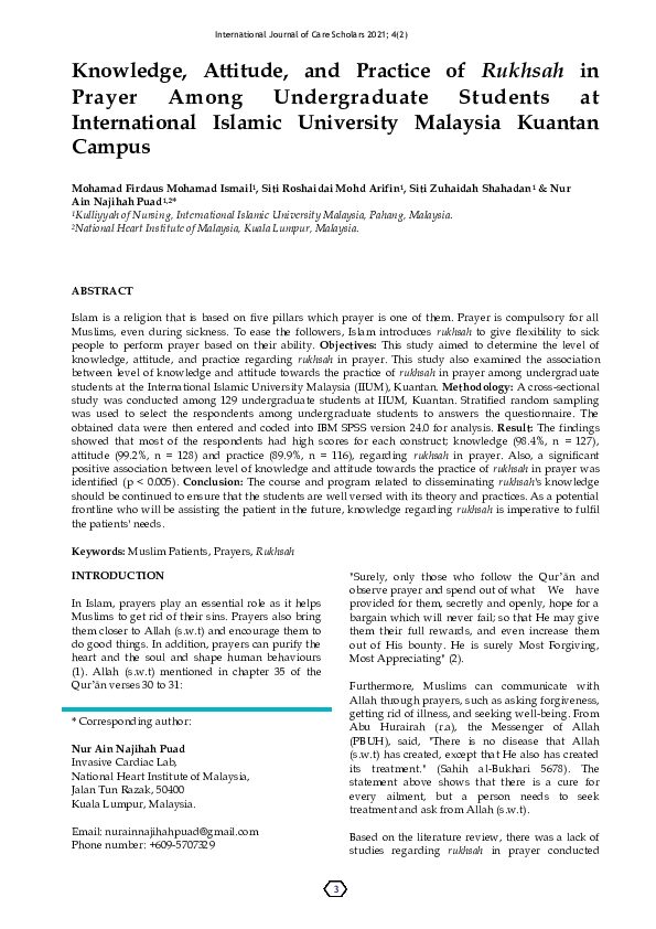 (PDF) Knowledge, Attitude, and Practice of Rukhsah in Prayer Among ...