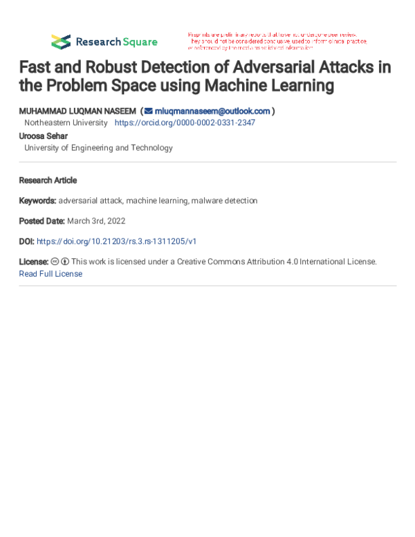 Pdf Fast And Robust Detection Of Adversarial Attacks In The Problem Space Using Machine Learning