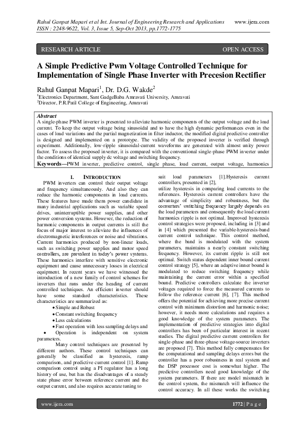 Pdf A Simple Predictive Pwm Voltage Controlled Technique For Implementation Of Single Phase