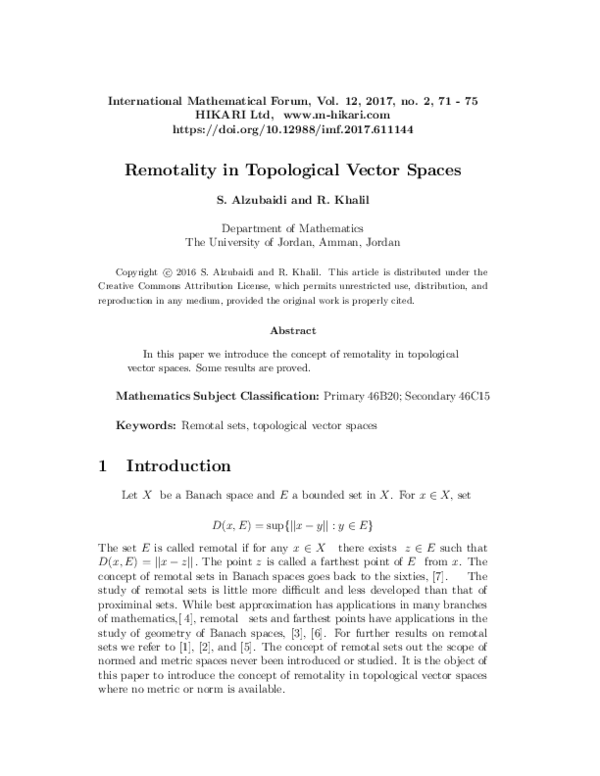 (PDF) Remotality in topological vector spaces